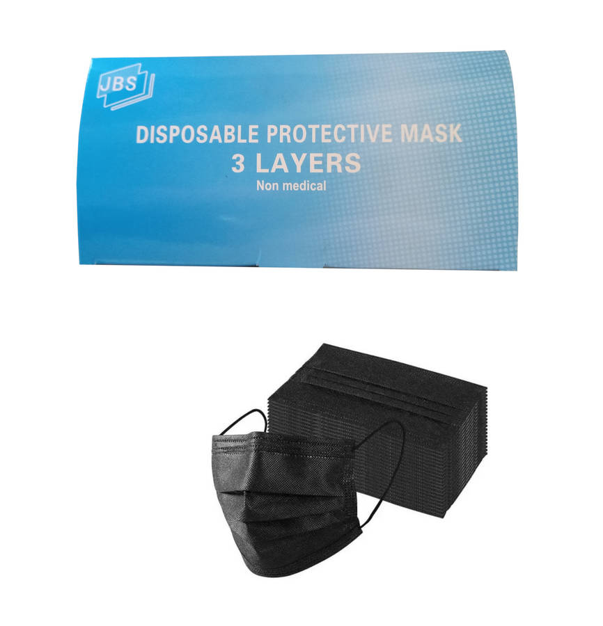 Face Masks - 3 Ply Disposable Face Cover Mask - Blue & Black - 1 Box ...