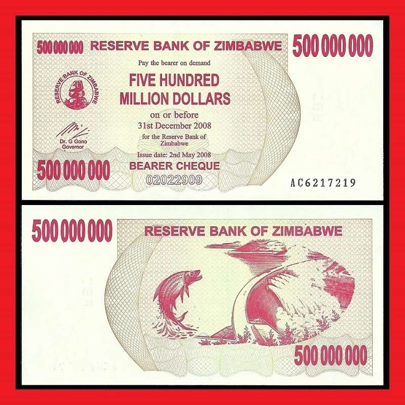 Africa - Zimbabwe 500 Million Dollar Bearer Cheque AC6217219 for sale ...