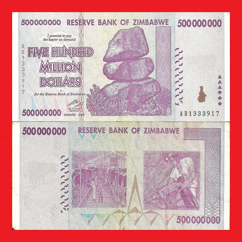 Africa - ZIMBABWE 500 Million Dollar Banknote Serial AB1333917 XF for ...
