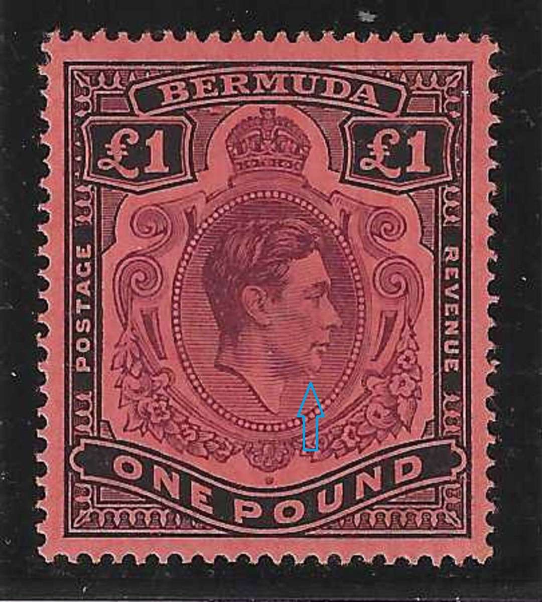 Caribbean - Bermuda 1943 George VI £1 `GASH IN CHIN` major variety FM ...