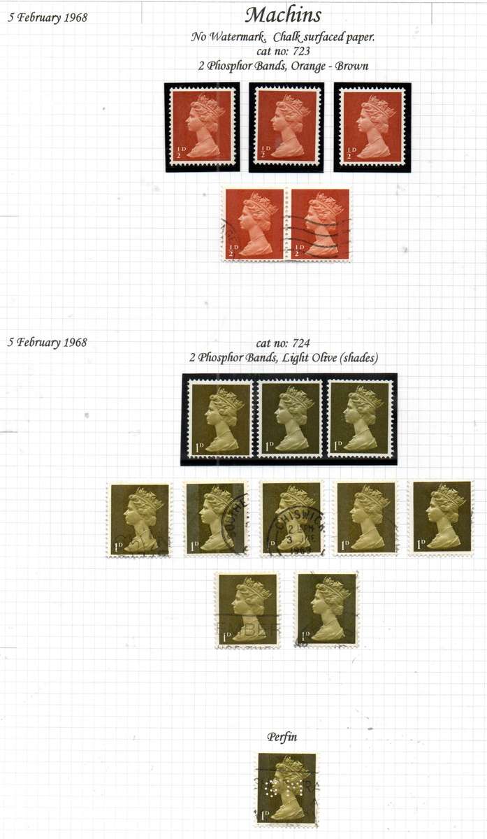 England - GB MACHIN LOT OF SINGLES, COILS ETC WRITTEN-UP ON PAGES. AS PER (X19) SCANS. was sold ...