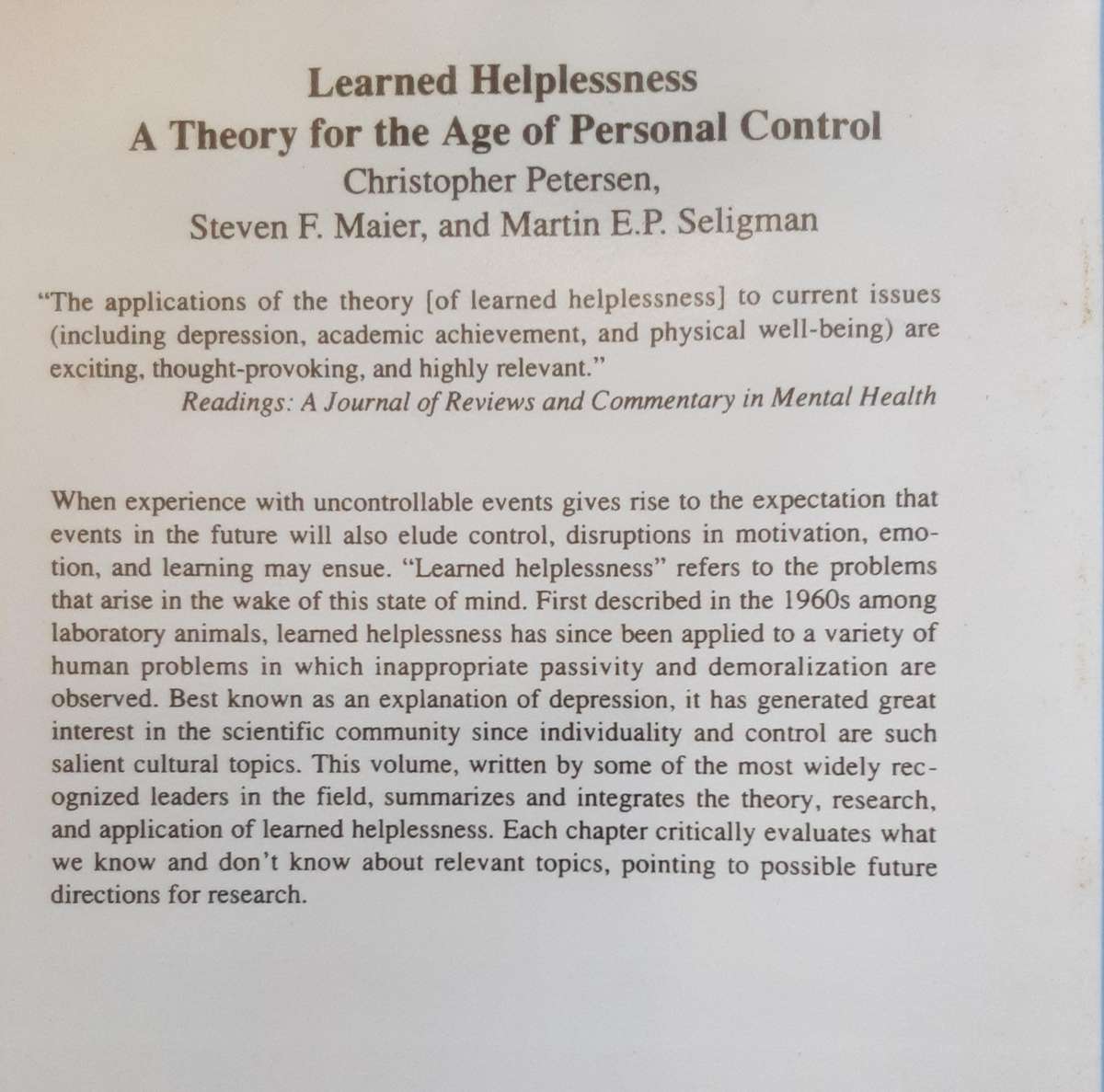 Self Help & Psychology - Learned Helplessness A Theory for the Age of Personal Control by ...