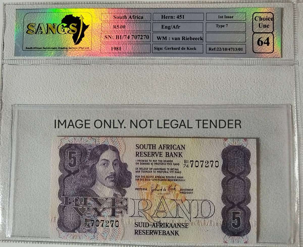 GPC de Kock - SA R5 NOTE B1 VERY RARE NO SECURITY STRIP SANGS GRADED ...