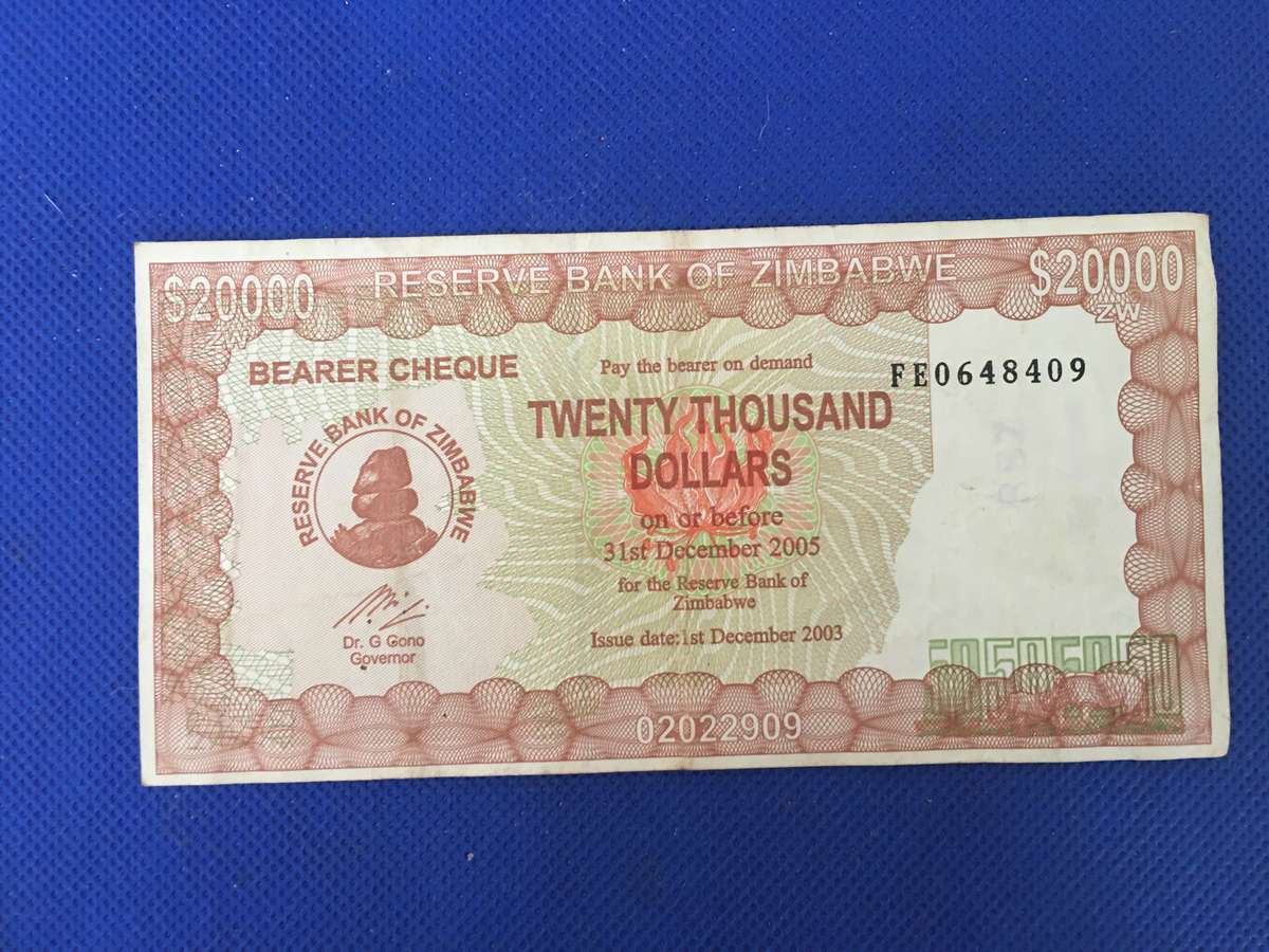 Africa - ZIMBABWE TWENTY THOUSAND DOLLARS BANK NOTE - BEARERS CHEQUE ...