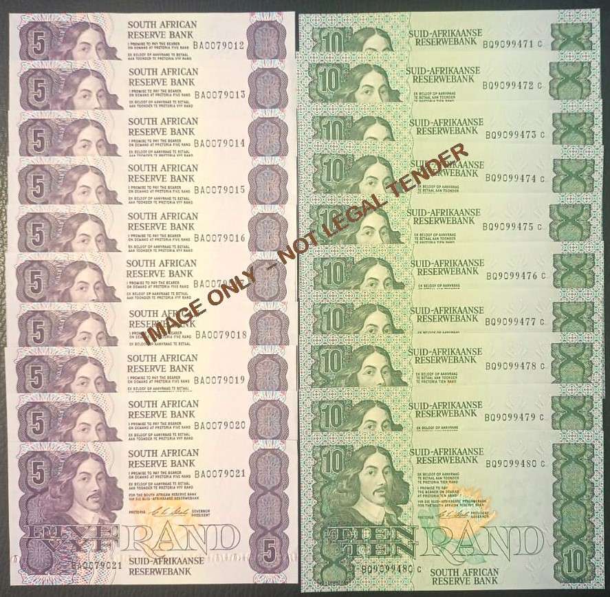 CL Stals - FIVE RAND AND TEN RAND CL STALS 1990 BANKNOTES X 10 OF EACH ...