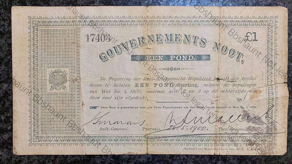 ZAR Bank Notes - Z.A.R Pretoria 1 pound Government Noot 28-05 1900 ...