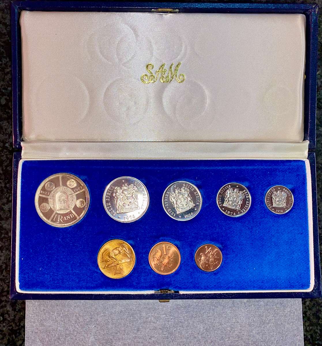 Proof Sets - South Africa Proof set 1974 silver R1 TO 1/2 cent blue SA ...