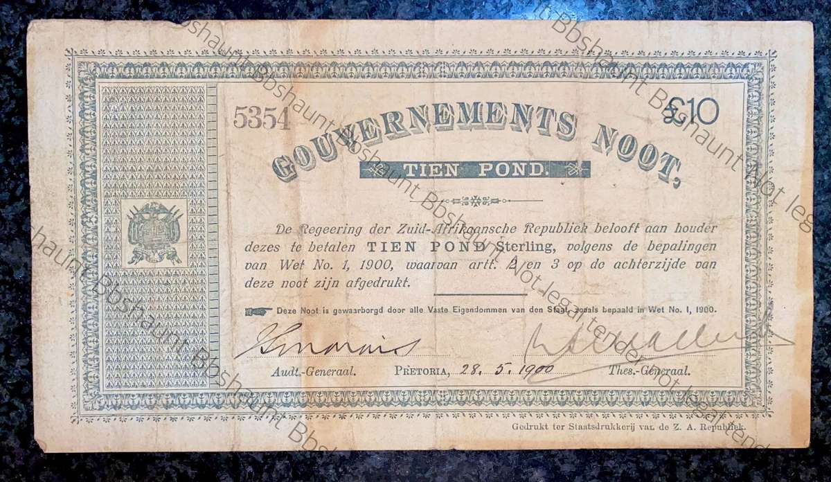 ZAR Bank Notes - Z.A.R Pretoria 10 pound Government Noot 28-05 1900 ...