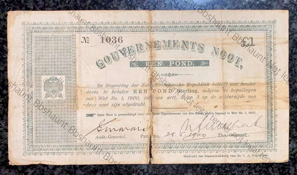 ZAR Bank Notes - Z.A.R Pretoria 1 pound Government Noot 28-05 1900 low ...