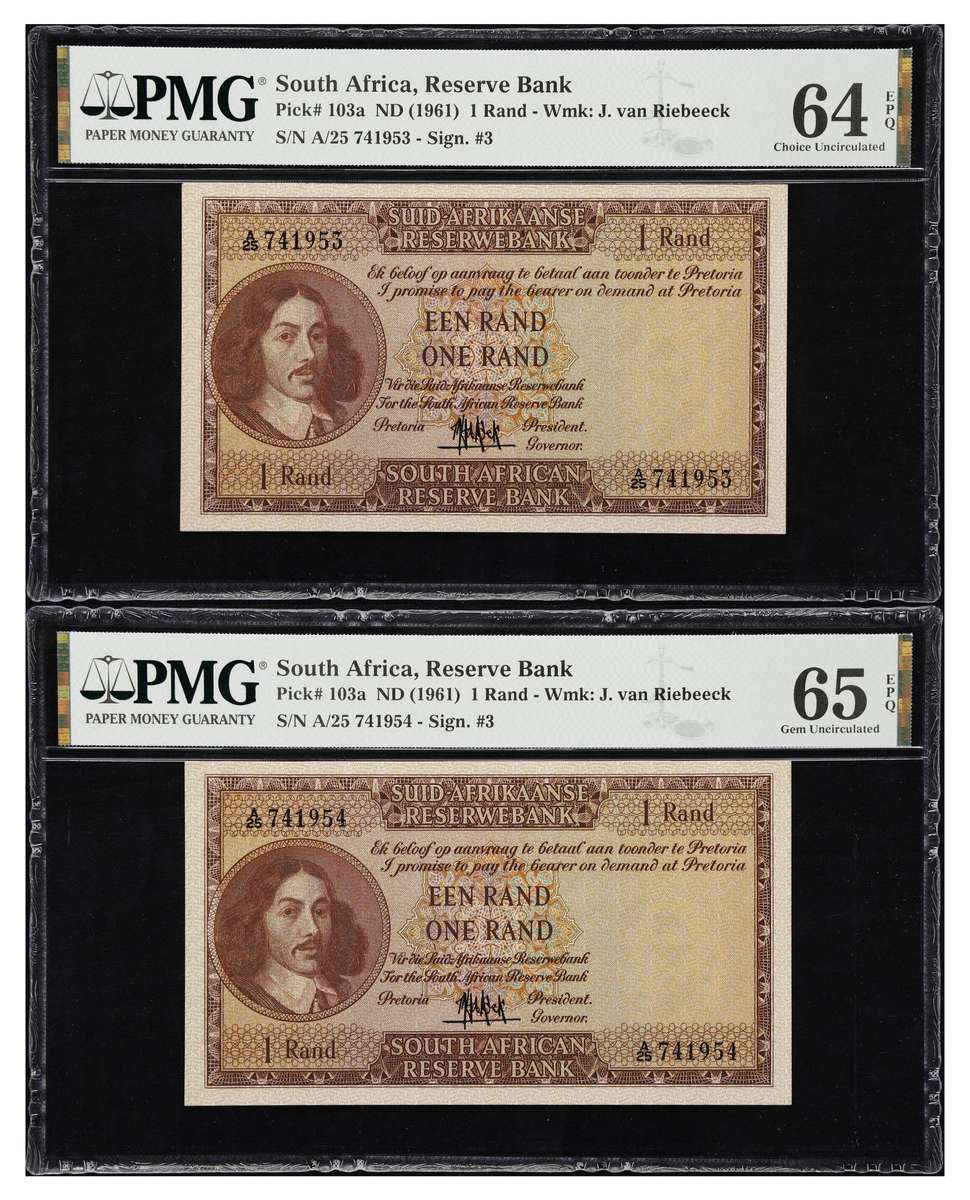 MH de Kock - 1961 Graded Consecutive Pair Een One Rand MH de Kock PMG ...