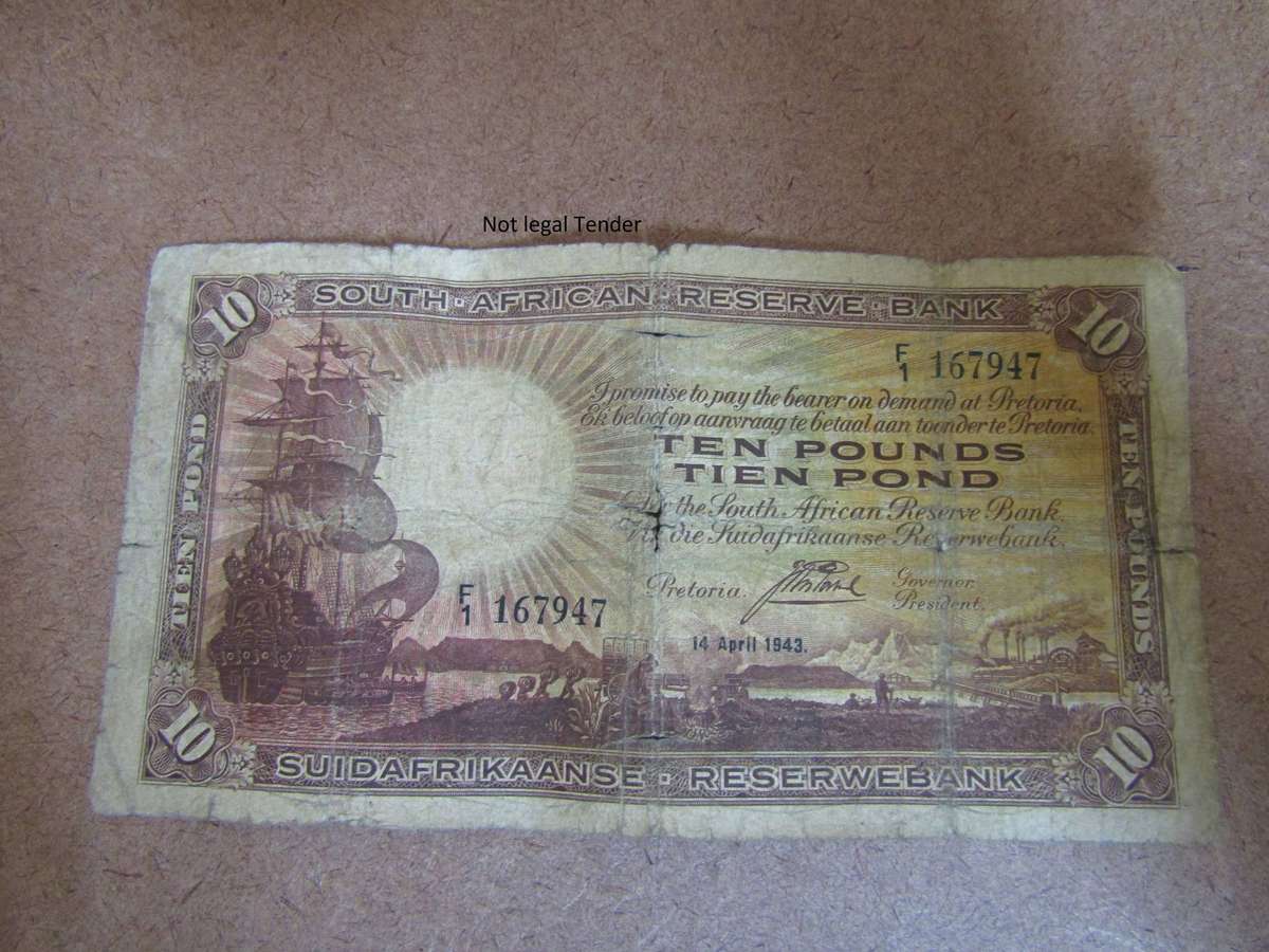 J Postmus - 1943 J Postmus 1st Issue Eng/Afr Ten Pound Banknote (F1 ...