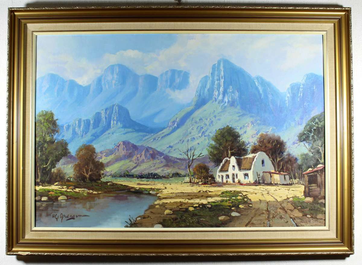 Paintings - HG van Aswegen - Cape Dutch house with mountains for sale ...