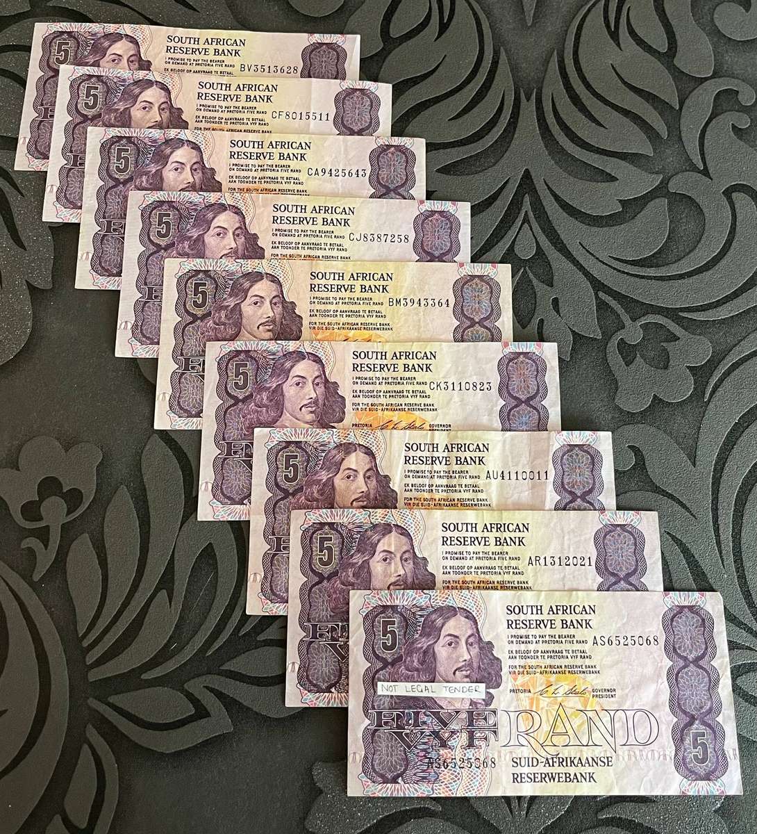 CL Stals - South Africa Lot of 9 x Five Rand Banknotes Jan van Riebeeck ...