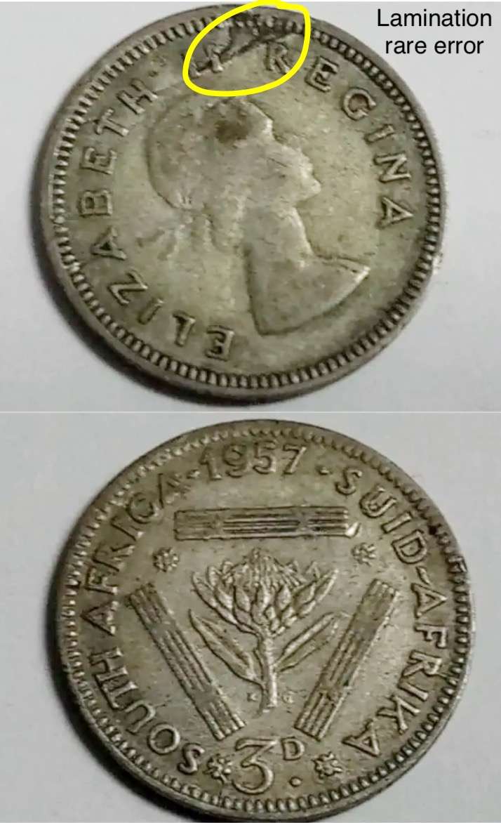 Threepence - Rare error 1957 SA 3d Tickey. Errors are rare in early SA ...