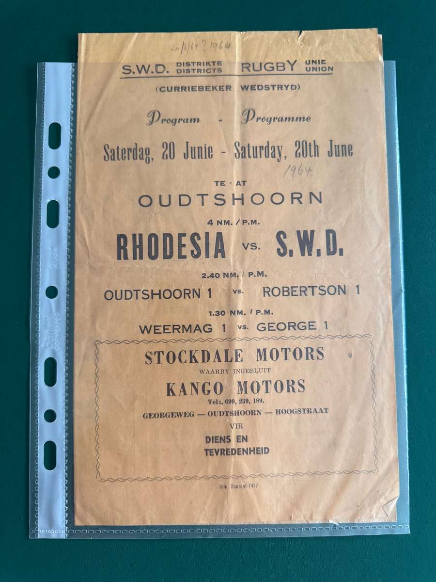 Sporting Memorabilia - Rugby Programme - South-Western Districts vs ...