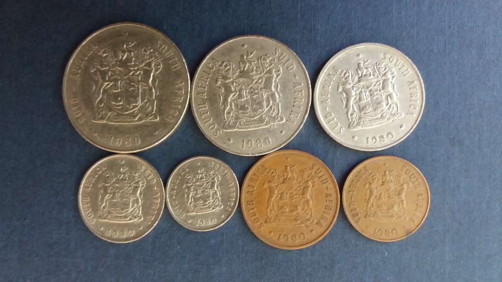 Collections & Lots - South Africa 1980 Coin Set includes R1, 50c, 20c, 10c, 5c, 2c & 1c. * All ...