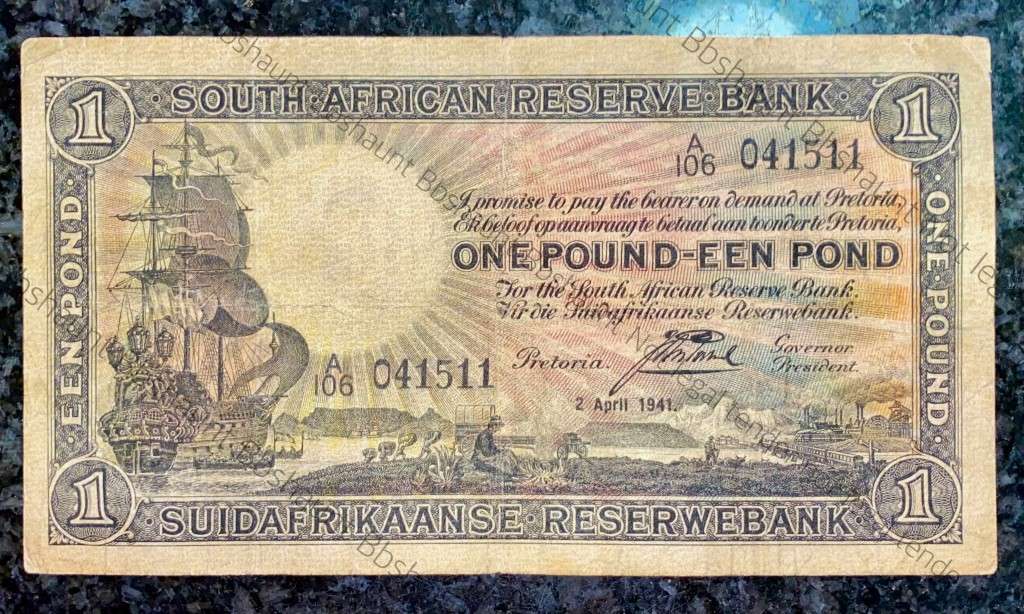 J Postmus - J POSTMUS 1 POUND 17TH NOVEMBER 1941 ENG/AFR A106 FIRST ISSUE VAN RIEBEECK WTM for ...